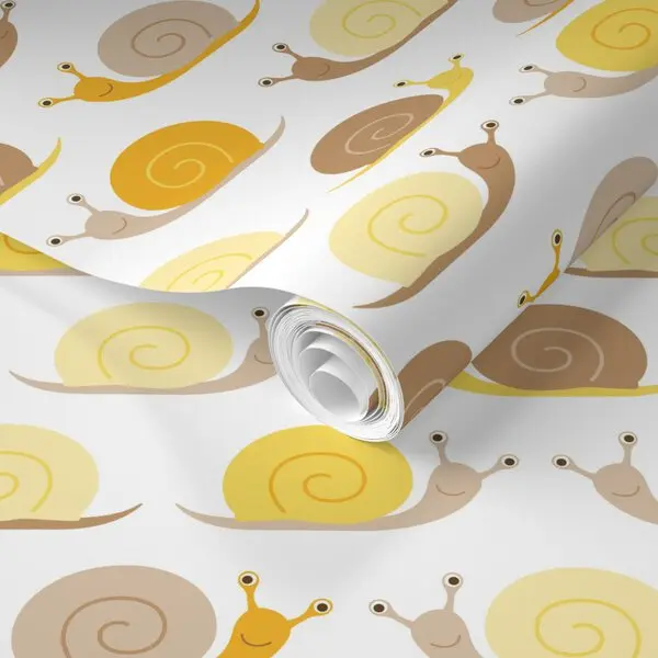 Spoonflower Spring Yellow Happy Snails Custom Pre-pasted Wallpaper - Yellow,white,beige