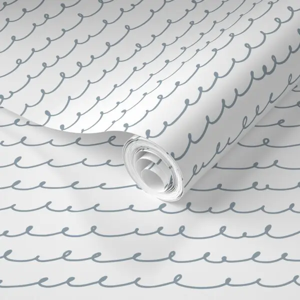 Spoonflower White Grey Loops Waves Custom Pre-pasted Wallpaper - White,blue,gray