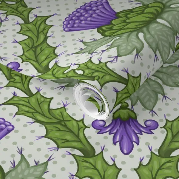 Spoonflower Scottish Thistle Damask Floral Moroccan Green Traditional Wallpaper - Green,purple,white