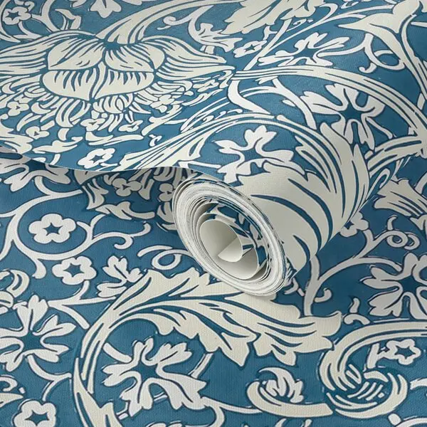 Spoonflower Victorian Floral Arts Teal Blue Traditional Wallpaper - Blue,white,gray