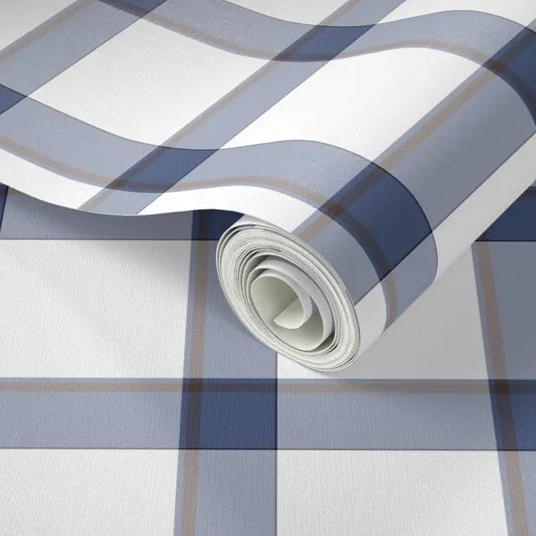 Spoonflower Plaid White Blue Black Tartan Custom Pre-pasted Wallpaper - Blue,white,gray