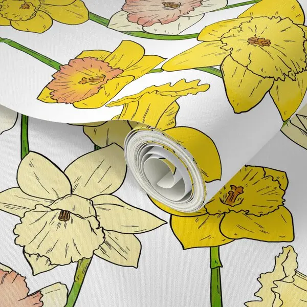 Spoonflower Amaryllis Narcissus Spring Flowers Daffodil Traditional Wallpaper - Green,yellow,brown