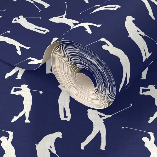 Spoonflower Golfers Dark Blue Small Golf Golfer Cave Game 100% Natural Sisal Grasscloth Wallcovering - Blue,white,gray