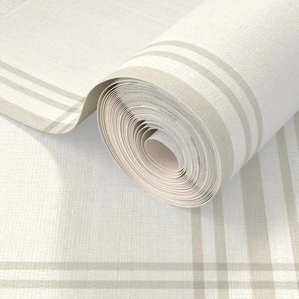 Spoonflower Windowpane Plaid Greige On Large Scale 100% Natural Sisal Grasscloth Wallcovering - White