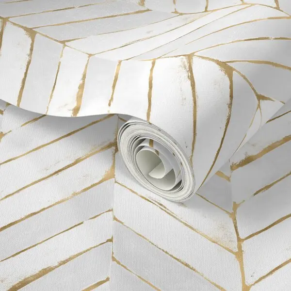 Spoonflower Chevron Painted White Gold Stripe Herringbone Mod Custom Pre-pasted Wallpaper - White,gold,brown