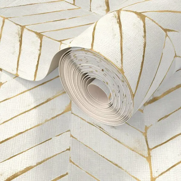 Spoonflower Chevron Painted White Gold Stripe Herringbone Mod Custom Removable Wallpaper - White,gold,brown