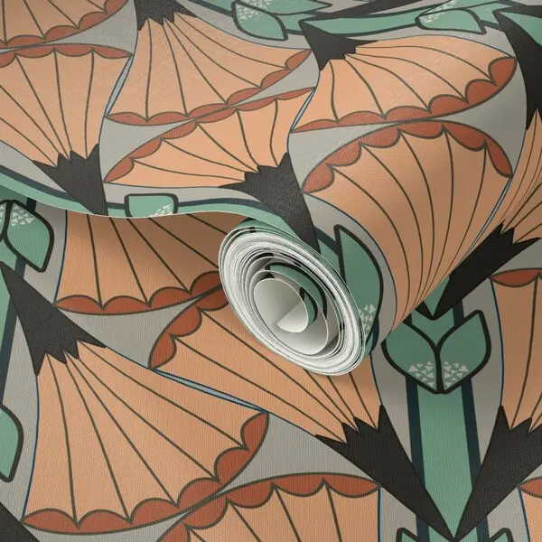 Spoonflower Teal Orange Stripes Art Deco Fan Floral 1920s Custom Pre-pasted Wallpaper - Brown,black,green