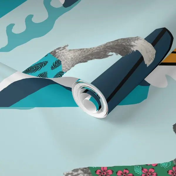 Spoonflower Dog Water Summer Beach Wave Surf Schnauzer Custom Pre-pasted Wallpaper - Blue,red,brown