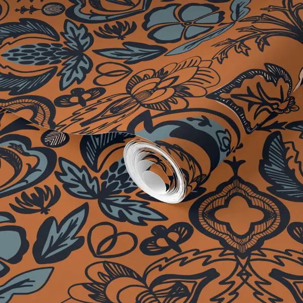 Spoonflower Flower Blue Brown Orange Bohemian Custom Pre-pasted Wallpaper - Black,blue