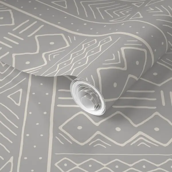 Spoonflower Mudcloth Bone Africa Inspired Boho Home Traditional Wallpaper - Gray