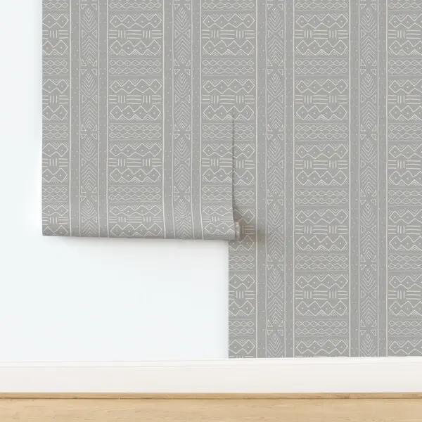 Spoonflower Mudcloth Bone Africa Inspired Boho Home Traditional Wallpaper - Gray