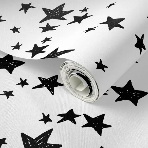 Spoonflower Stars Black White Nursery Scandinavian Inspired Custom Pre-pasted Wallpaper - White,black,gray