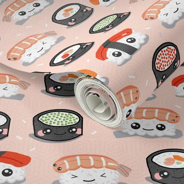 Spoonflower Japanese Food Kawaii Sushi Custom Pre-pasted Wallpaper - Orange,pink,gray