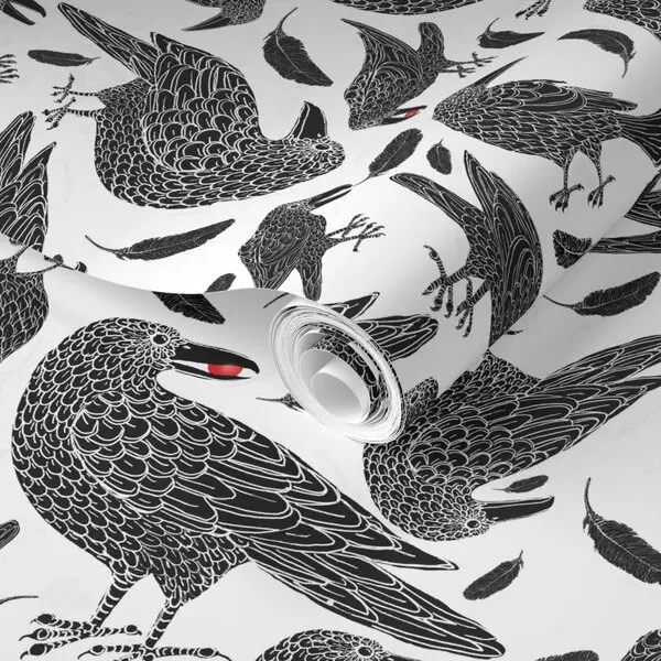 Spoonflower Black White Red Raven Feather Cherry Crow Custom Pre-pasted Wallpaper - White,black,gray