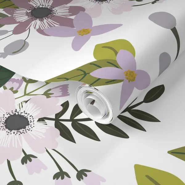 Spoonflower Purple Springs And Florals Custom Pre-pasted Wallpaper - Green,purple,gray
