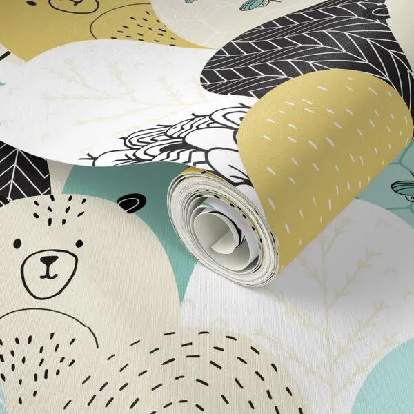 Spoonflower Yellow Fish Bears Animals Bear Aqua Nursery Traditional Wallpaper - Mint,black,yellow