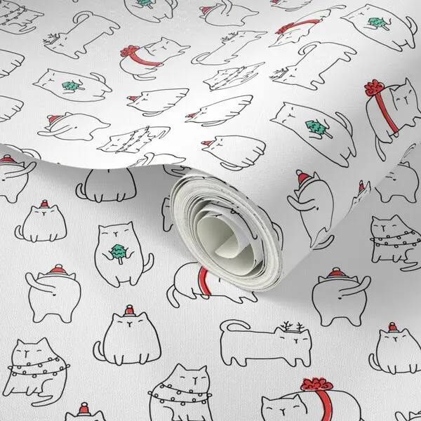 Spoonflower Fat White Christmas Cats Kitty Doodles Holiday Custom Pre-pasted Wallpaper - White,red,gray