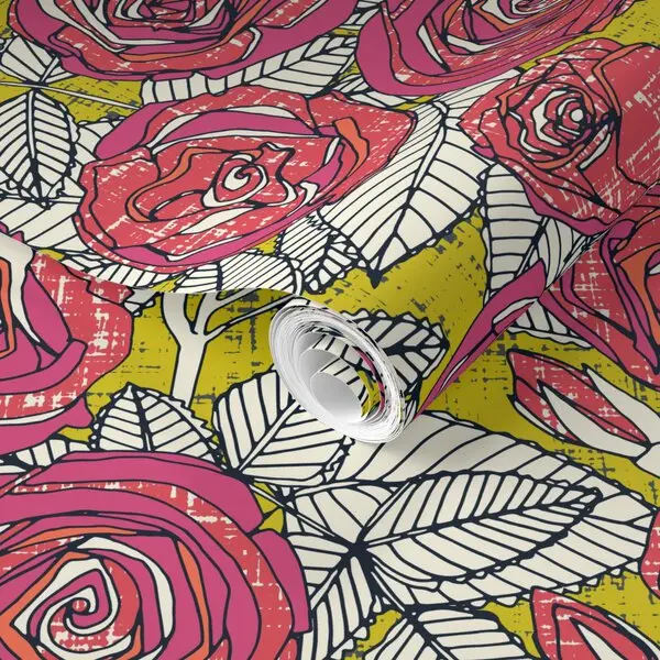 Spoonflower Pink Vintage Chartreuse Flowers Leaves Red Floral Custom Removable Wallpaper - Pink,gray,green