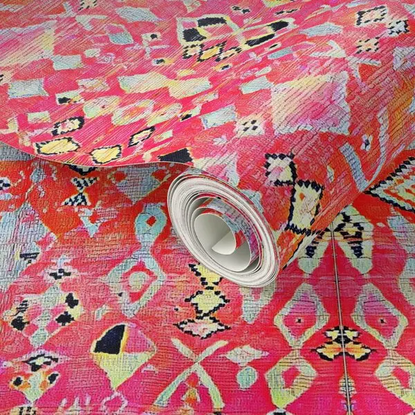 Spoonflower Kilim Moroccan Indian Indie Boho Ethnic Custom Pre-pasted Wallpaper - Pink,orange,blue
