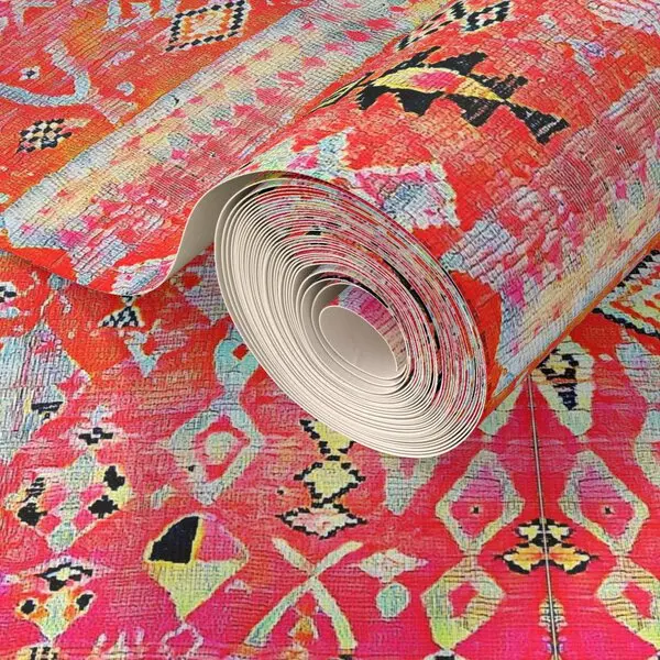 Spoonflower Kilim Moroccan Indian Indie Boho Ethnic Custom Removable Wallpaper - Pink,orange,blue