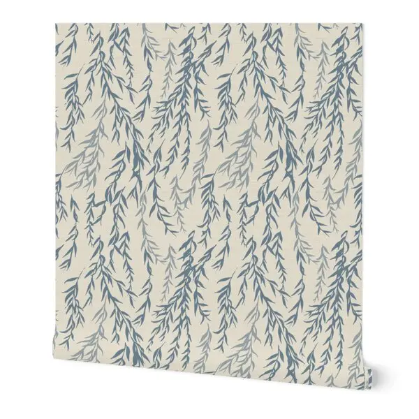 Spoonflower Willow~blue&white~medium 100% Natural Sisal Grasscloth Wallcovering