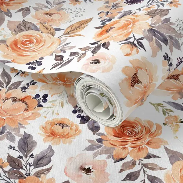Spoonflower Flower Flowers Peach Fall Spring Peony Botanical Traditional Wallpaper - Orange,pink,gray