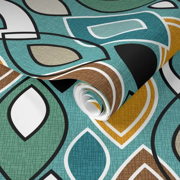 Spoonflower Black And White Brown Retro Turquoise Mint Green Traditional Wallpaper - Blue,beige,brown