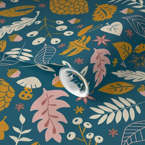 Spoonflower Pink Cream Blue Yellow Leaves Gold Custom Pre-pasted Wallpaper - Brown,green,blue