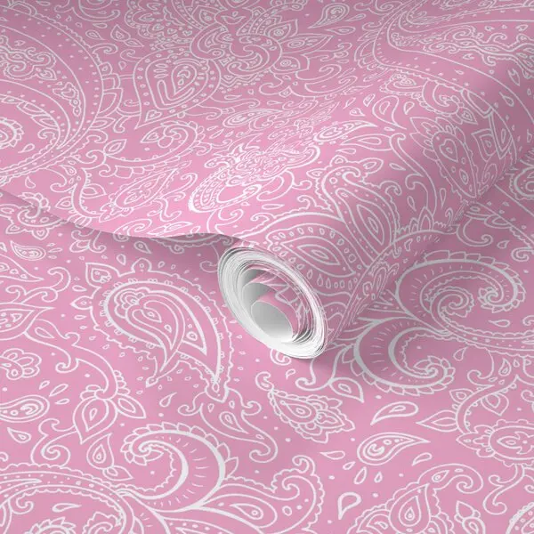 Spoonflower Paisley White Custom Pre-pasted Wallpaper - White,pink