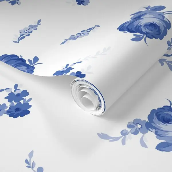 Spoonflower Ink Roses Blue White Floral Flowers Summer Spring Custom Pre-pasted Wallpaper - White,blue,gray