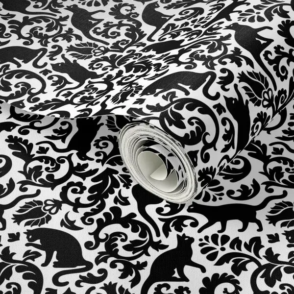 Spoonflower Black And White Flower Floral Cat Kitty Decorative Custom Pre-pasted Wallpaper - Black,white,gray