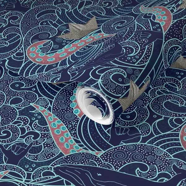 Spoonflower Japanese Hawaii Octopus Wave Nautical Origami Custom Pre-pasted Wallpaper - Blue