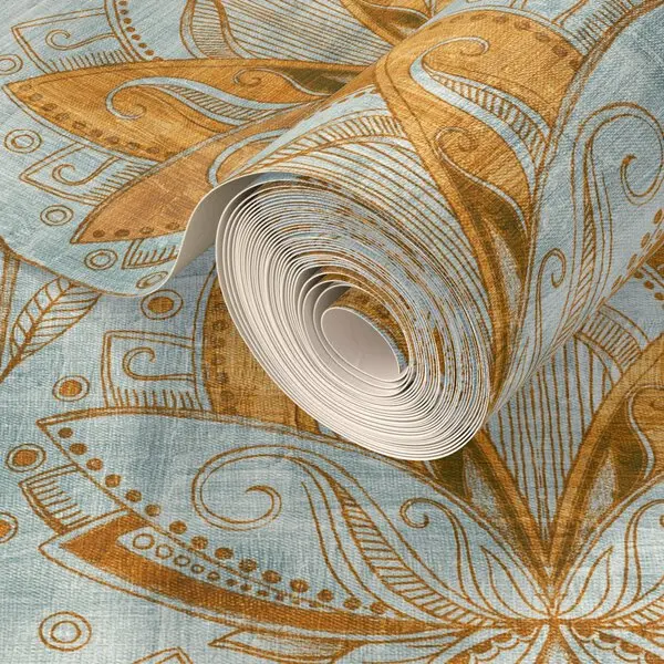 Spoonflower Worn Grey And Bronze Art Deco Stylized Lotus 100% Natural Sisal Grasscloth Wallcovering - Gray,grey
