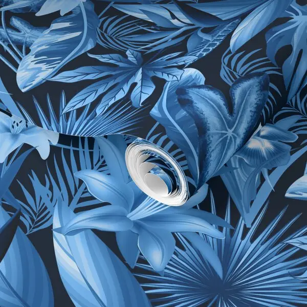 Spoonflower Bright Flowers Forest Fantasy Tropical Custom Pre-pasted Wallpaper - Blue
