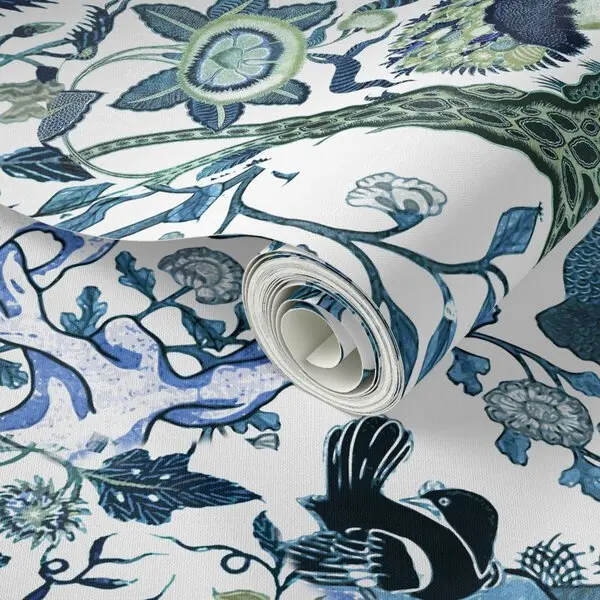 Spoonflower Green Blue Chinoiserie Floral Chinese Inspired Traditional Wallpaper - Blue,green,gray