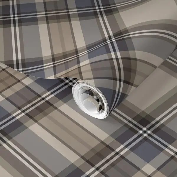 Spoonflower Black Plaid Brown Grey Tan Beige Tartan Custom Pre-pasted Wallpaper - Gray,beige,brown
