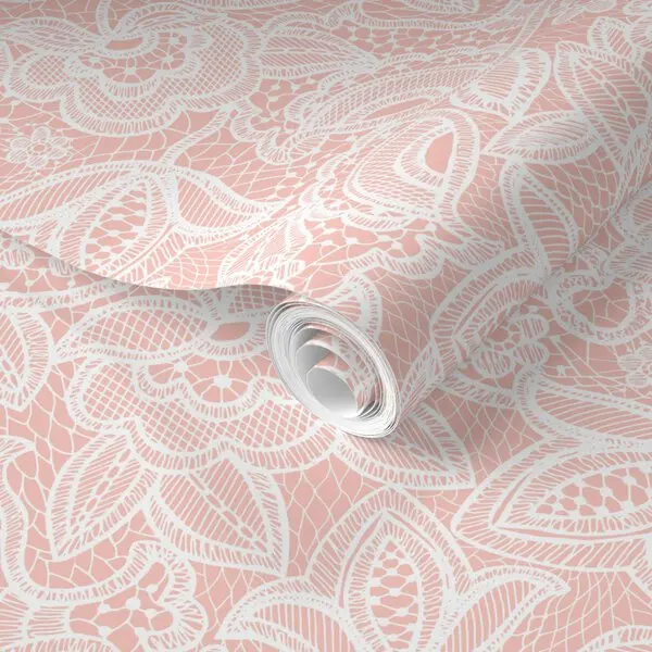 Spoonflower Pink Lace White Detail Custom Pre-pasted Wallpaper - Pink,gray