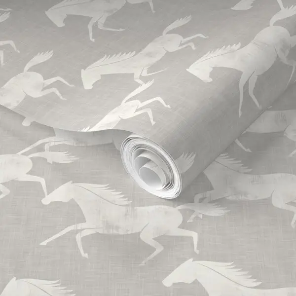 Spoonflower Horse Horses Equestrian Wild Running Custom Pre-pasted Wallpaper - White,gray,beige