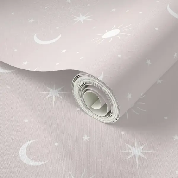 Spoonflower Magic Universe Sun Moon Phase Stars Sweet Dreams Custom Pre-pasted Wallpaper - Beige,white,pink