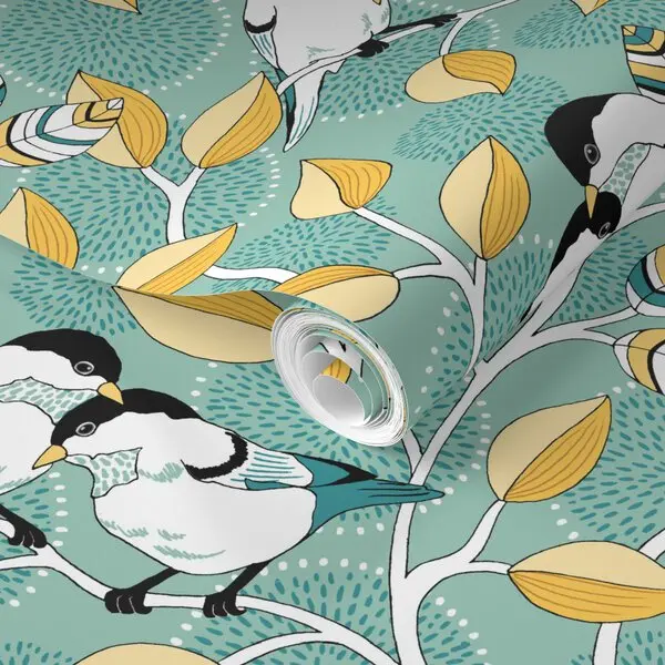 Spoonflower Love Birds Color Mint Blue Yellow Tree Traditional Wallpaper - Green,yellow,mint