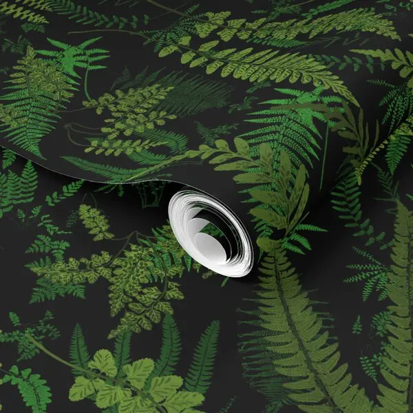Spoonflower Fern Botanical Deep Black Green Leaves Forest Traditional Wallpaper - Black,green
