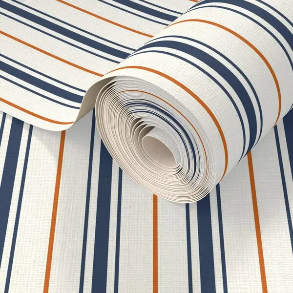 Spoonflower Navy Orange Stripe 100% Natural Sisal Grasscloth Wallcovering - Navy,blue,white