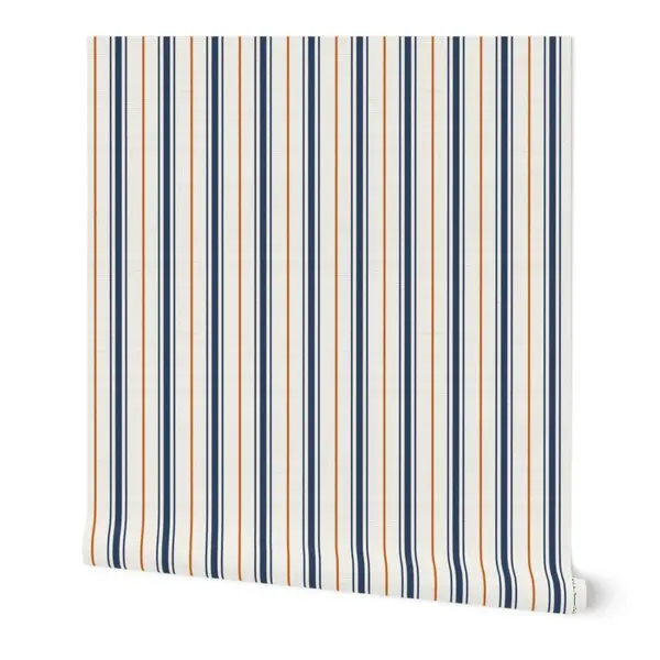 Spoonflower Navy Orange Stripe 100% Natural Sisal Grasscloth Wallcovering