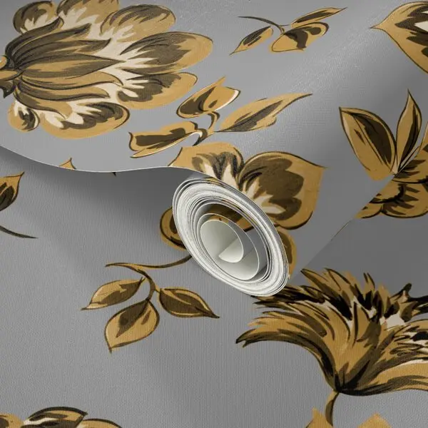 Spoonflower Floral Garden Wildflower Provence Gold Flower Custom Removable Wallpaper - Gray,gold,black