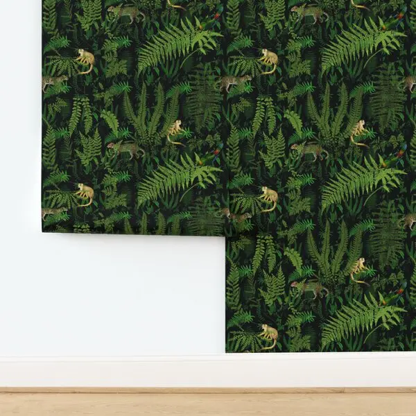 Spoonflower Black Leaves Forest Plants Jungle Monkey Traditional Wallpaper