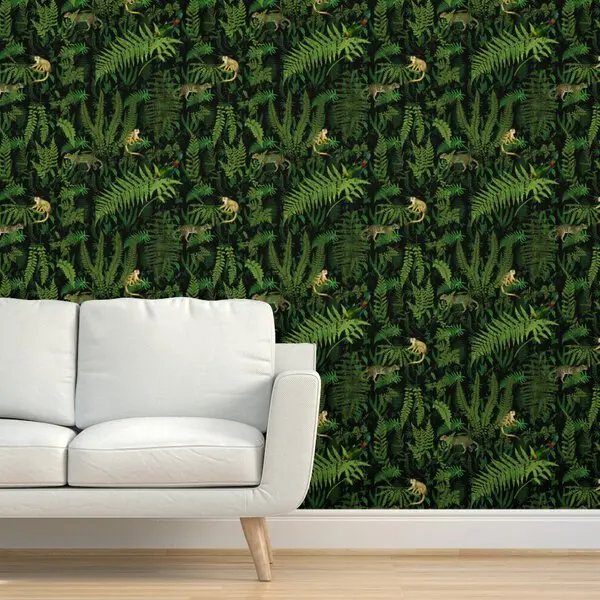 Spoonflower Black Leaves Forest Plants Jungle Monkey Traditional Wallpaper