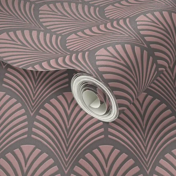 Spoonflower Pink Grey Art Deco Fan Custom Pre-pasted Wallpaper - Red,gray,brown
