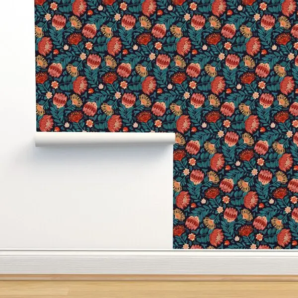 Spoonflower Non Directional Protea Chintz Medium Scale 100% Natural Sisal Grasscloth Wallcovering