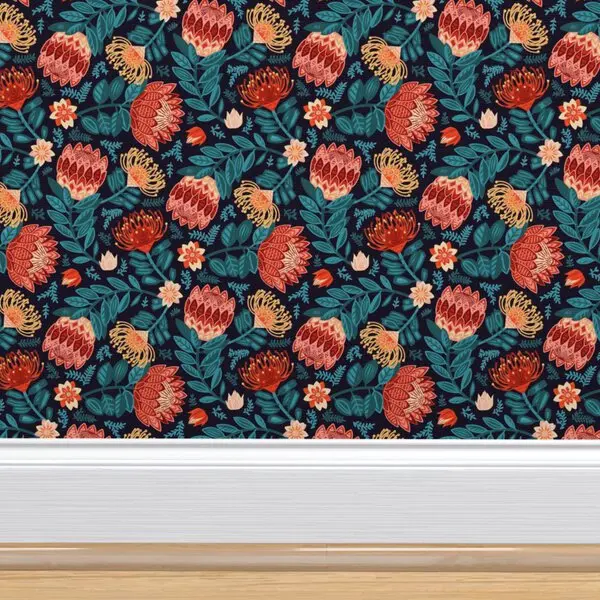 Spoonflower Non Directional Protea Chintz Medium Scale 100% Natural Sisal Grasscloth Wallcovering