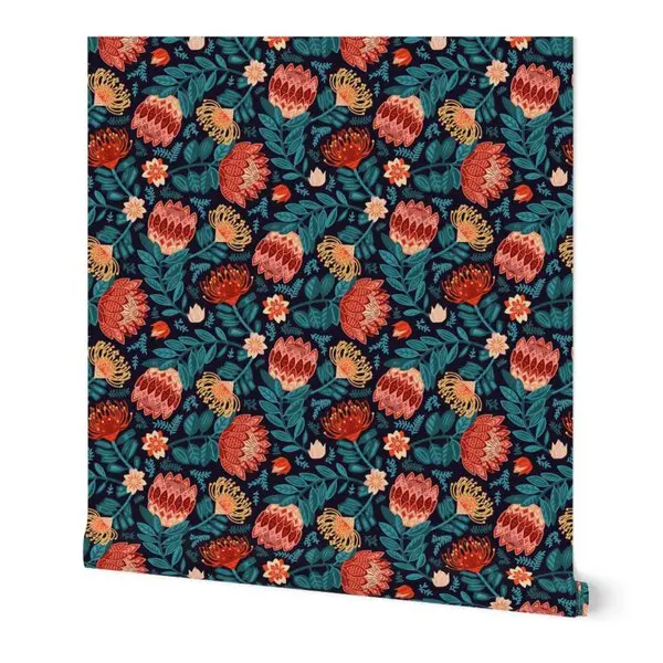 Spoonflower Non Directional Protea Chintz Medium Scale 100% Natural Sisal Grasscloth Wallcovering